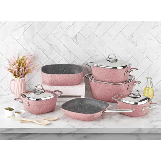 Saflon Turkish cookware set, Granite 10 pieces, pink - SF66610GR/R